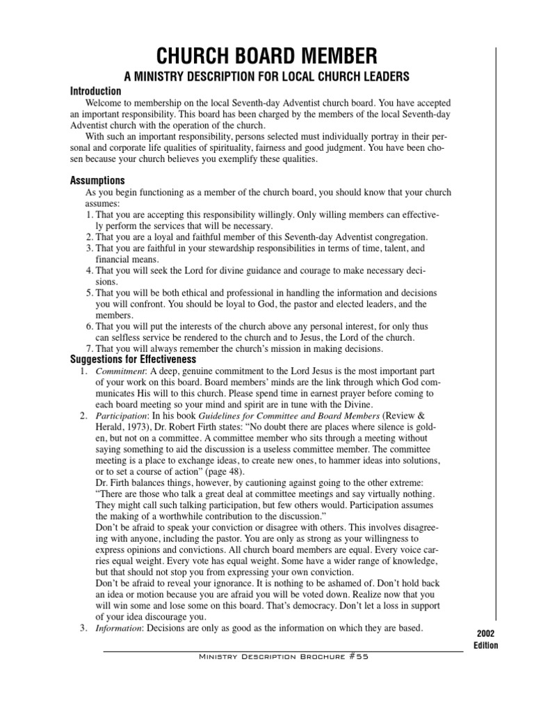 Church Board Member: A Ministry Description For Local Church Leaders | PDF