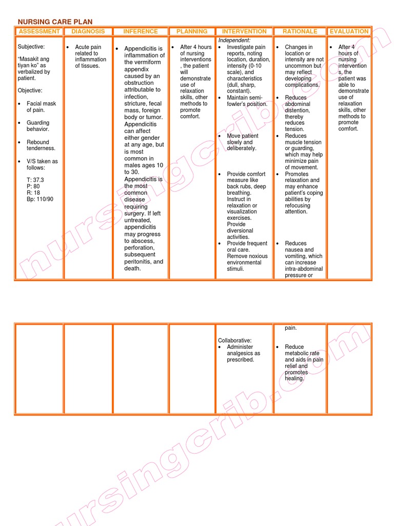 Nursing Care Plan Appendicitis | PDF | Pain | Diseases And Disorders