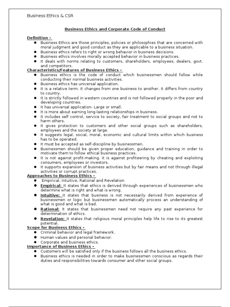 Business Ethics and CSR - Own Notes | PDF | Business Ethics | Corporate ...