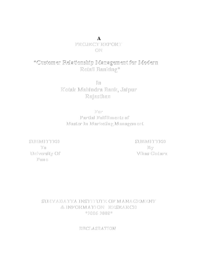 MBA Project Report | PDF | Cheque | Customer Relationship Management