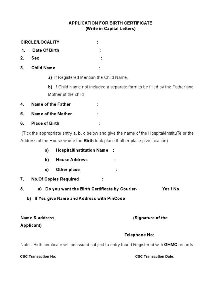 Application Form Birth Certificate