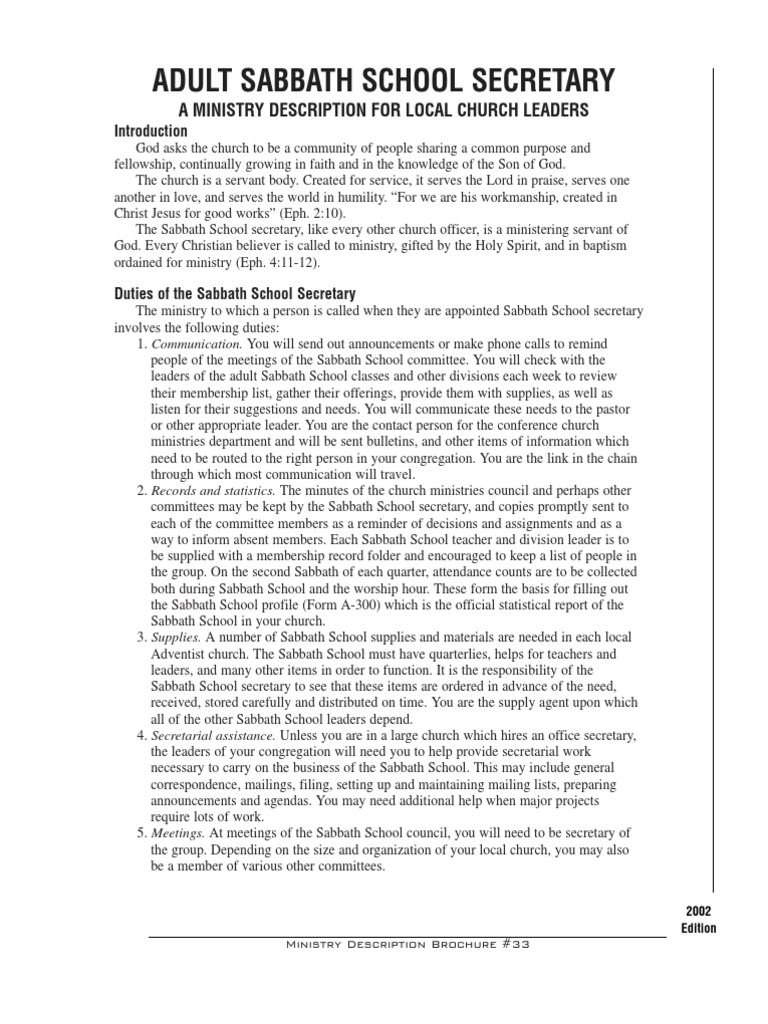 Adult Sabbath School Secretary: A Ministry Description For Local Church ...