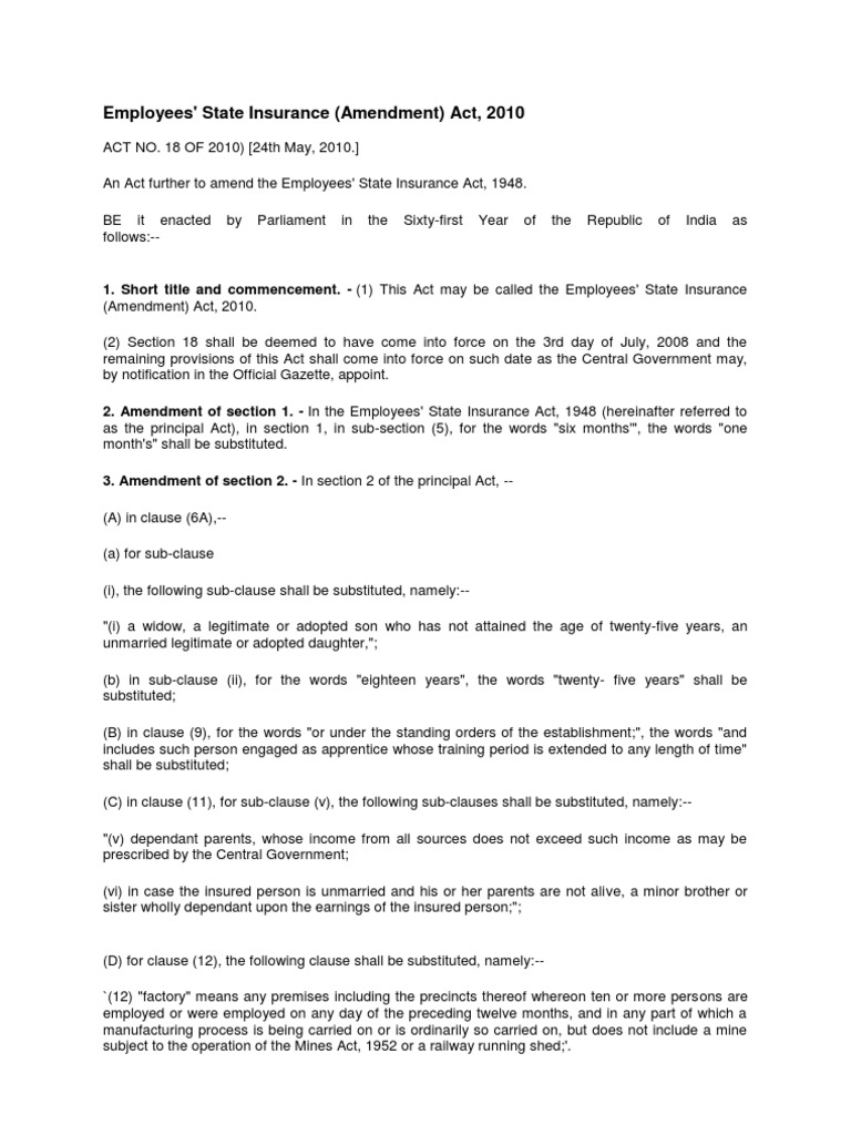 Employees' State Insurance (Amendment) Act, 2010 | PDF | Pension | Hospital