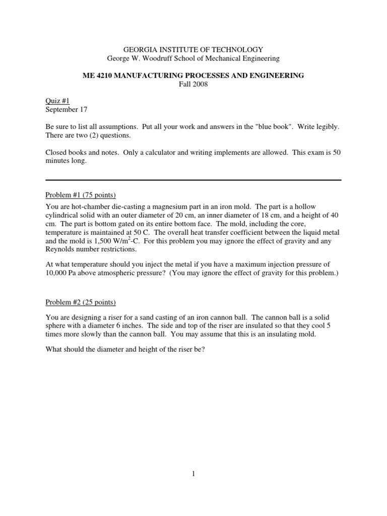 Me 4210 Manufacturing Processes and Engineering | PDF | Casting ...