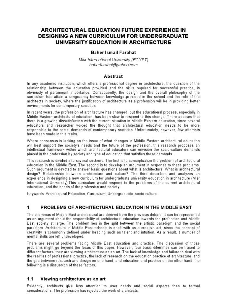 Architectural Education Future Experience Indesigning A New Curriculum ...