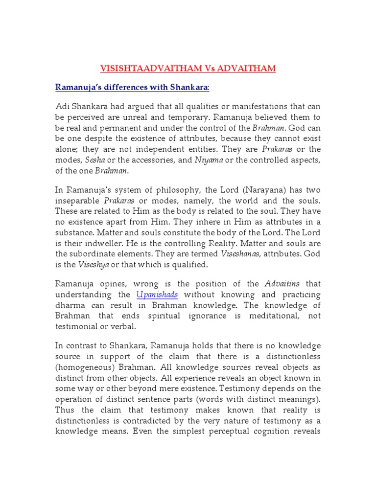 VISISHTAADVAITHAM Vs ADVAITHAM | PDF | Advaita Vedanta | Brahman