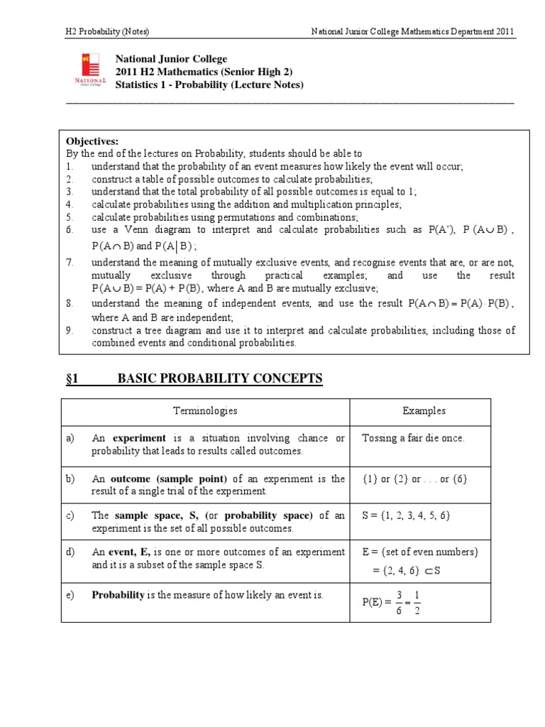 NJC Probability Lecture Notes Student Edition | PDF | Probability ...