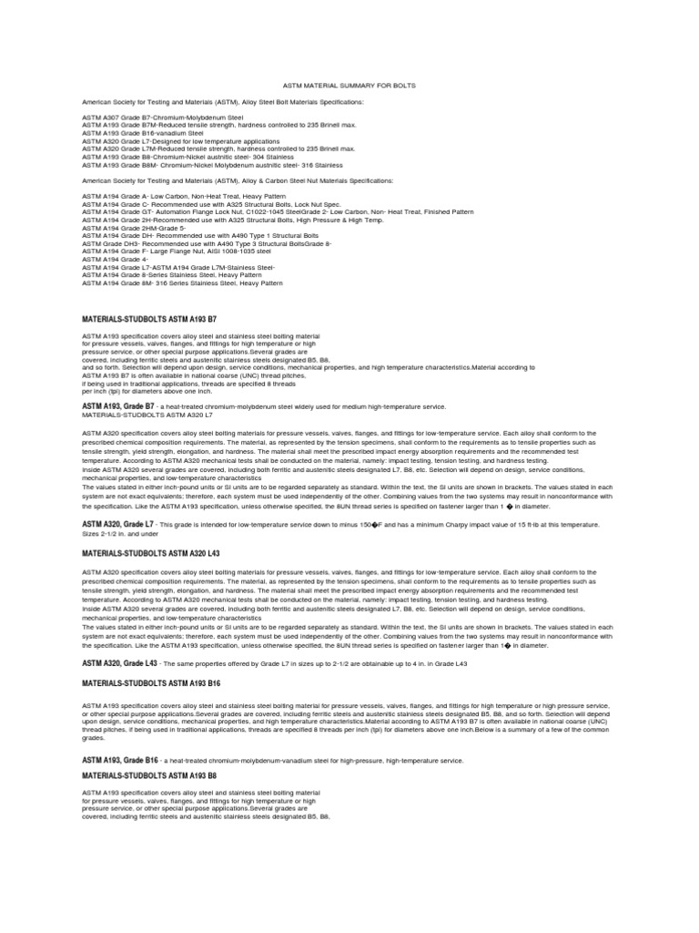 Astm Material Summary For Bolts | PDF | Steel | Screw