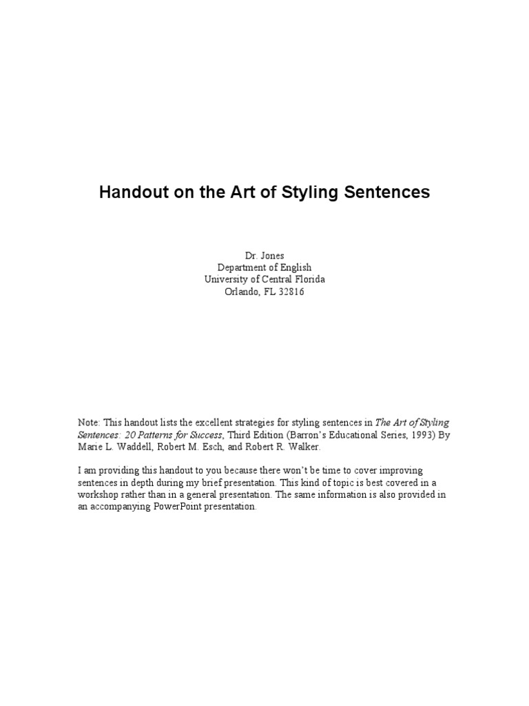 Handout On The Art of Styling Sentences | PDF | Object (Grammar) | Question