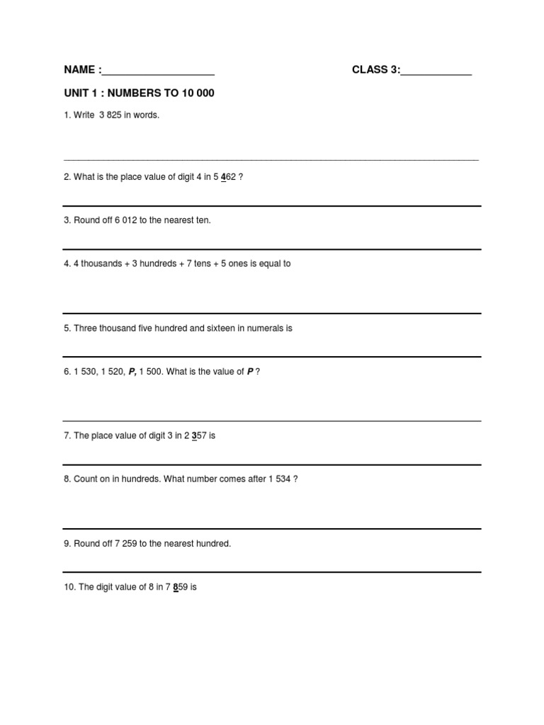 Unit 1 Numbers To 10 000 | PDF