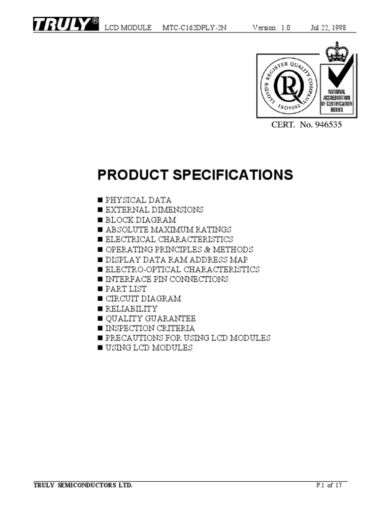 LCD Module Specification Sheet for MTC-C162DPLY-2N Display | PDF ...