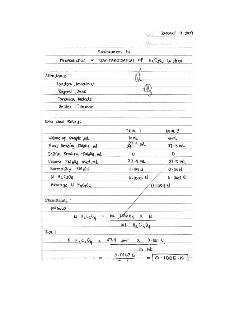 Experiment No. 16 - Preparation & Standardization of Oxalic acid Data ... Experiment No. 16 - Preparation & Standardization of Oxalic acid Data ...