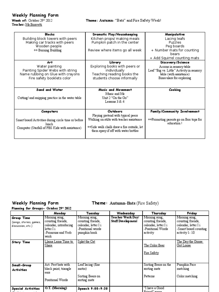 Weekly Planning Form: Autumn | PDF | Cognition | Cognitive Science