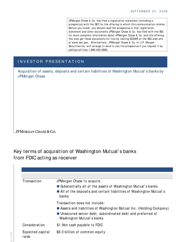 JP Morgan Chase WaMu Acquisition Investor Presentation | PDF ...