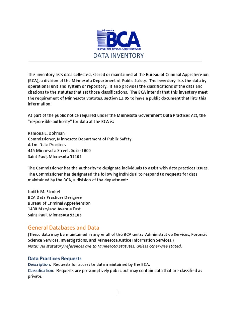 Minnesota BCA Data Inventory Bureau of Criminal Apprehension MGDPA ...