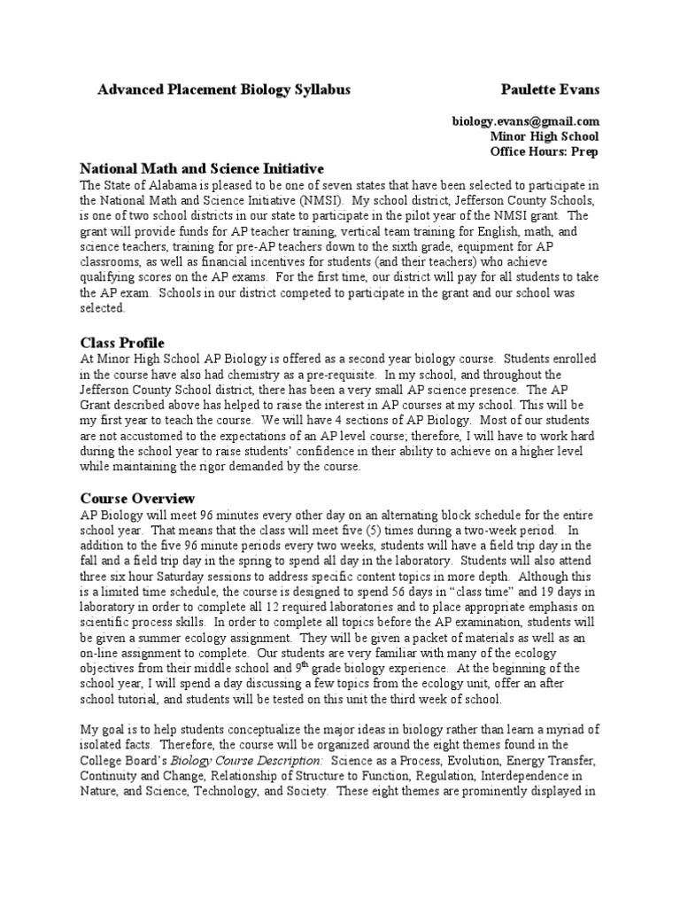 AP Bio Syllabus | PDF | Advanced Placement | Cell (Biology)