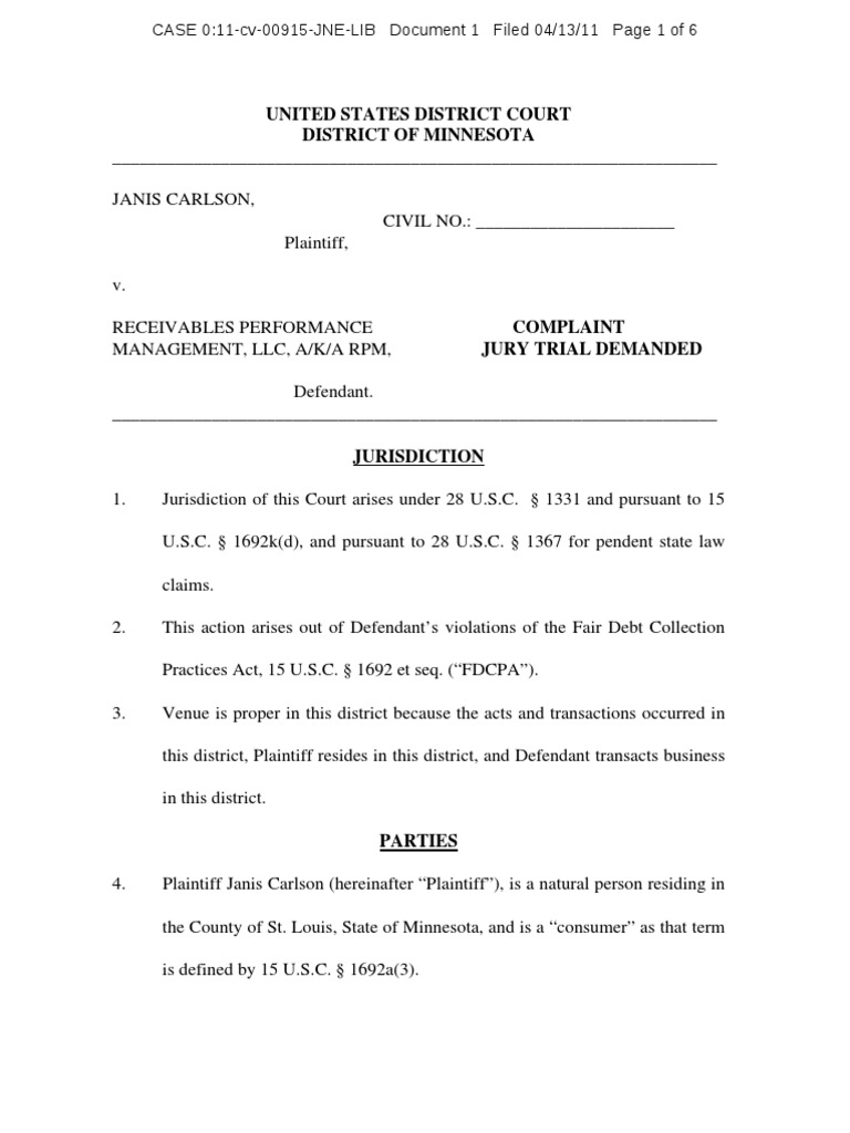 Receivables Performance Management RPM Debt Collector Complaint FDCPA ...