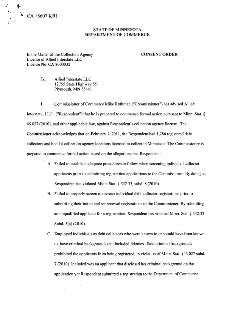 Allied Interstate Debt Collector Enforcement Action Minnesota | PDF ...