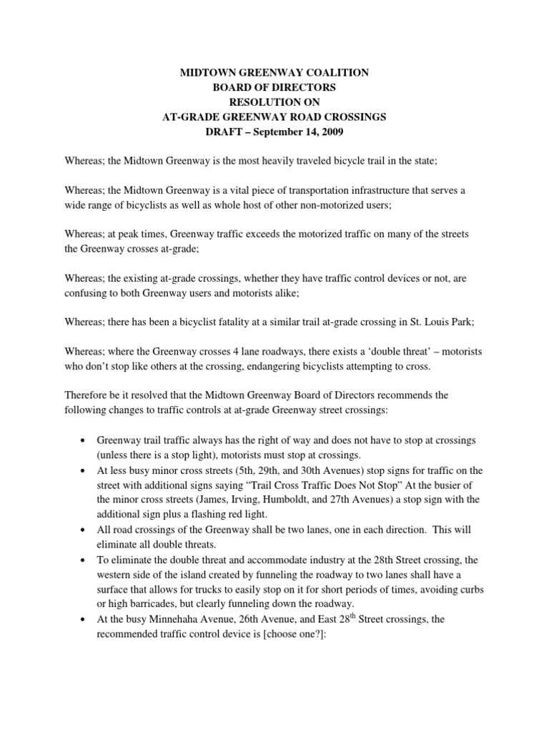 Midtown Greenway Coalition Board Resolution At-Grade Road Crossings ...