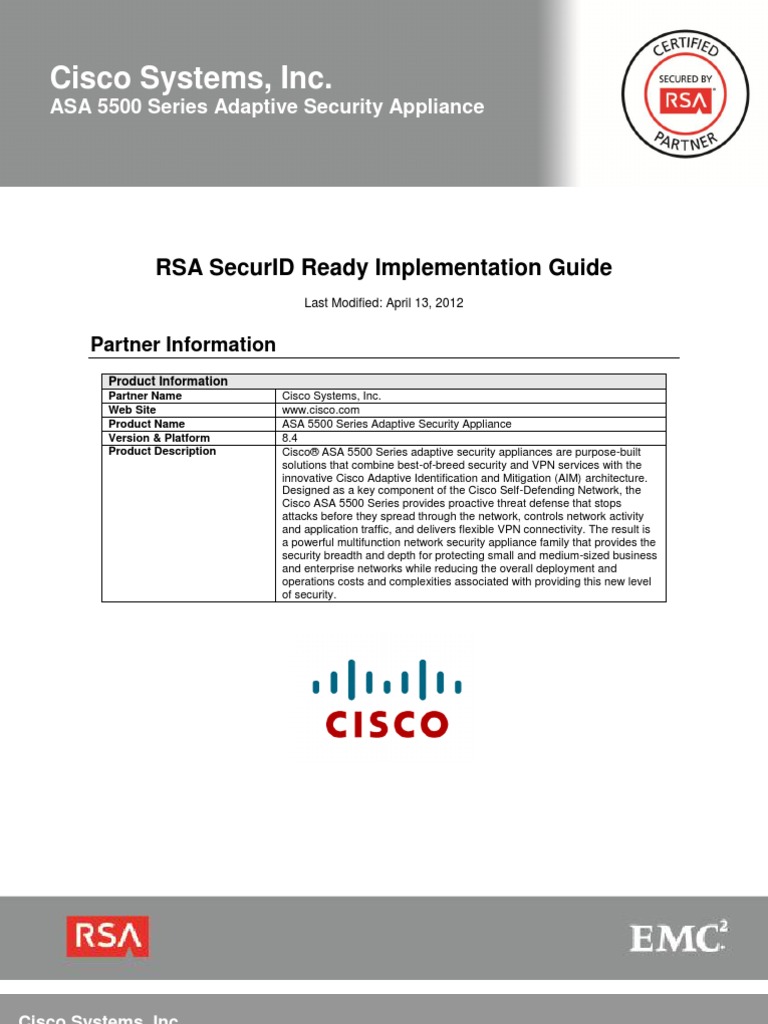 Cisco Systems, Inc.: Rsa Securid Ready Implementation Guide | PDF | Radius | Virtual Private Network