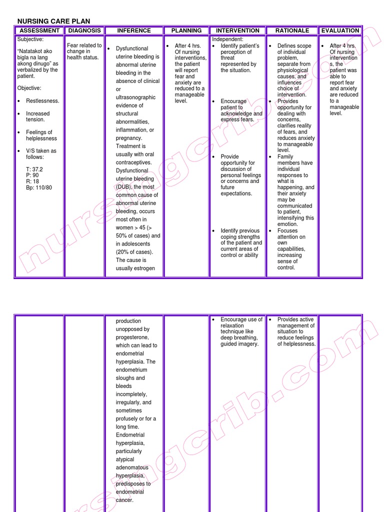 Nursing Care Plan Dysfunctional Uterine Bleeding (DUB) | PDF | Anxiety ...