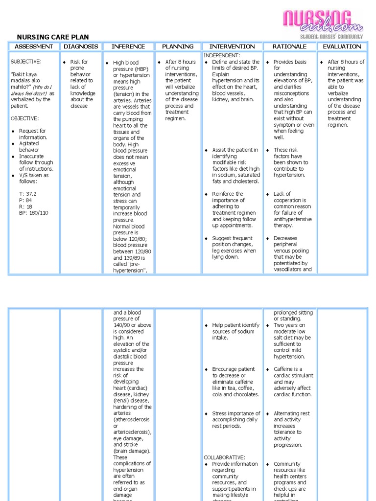 Nursing Care Plan Hypertension Pdf Hypertension Blood Pressure