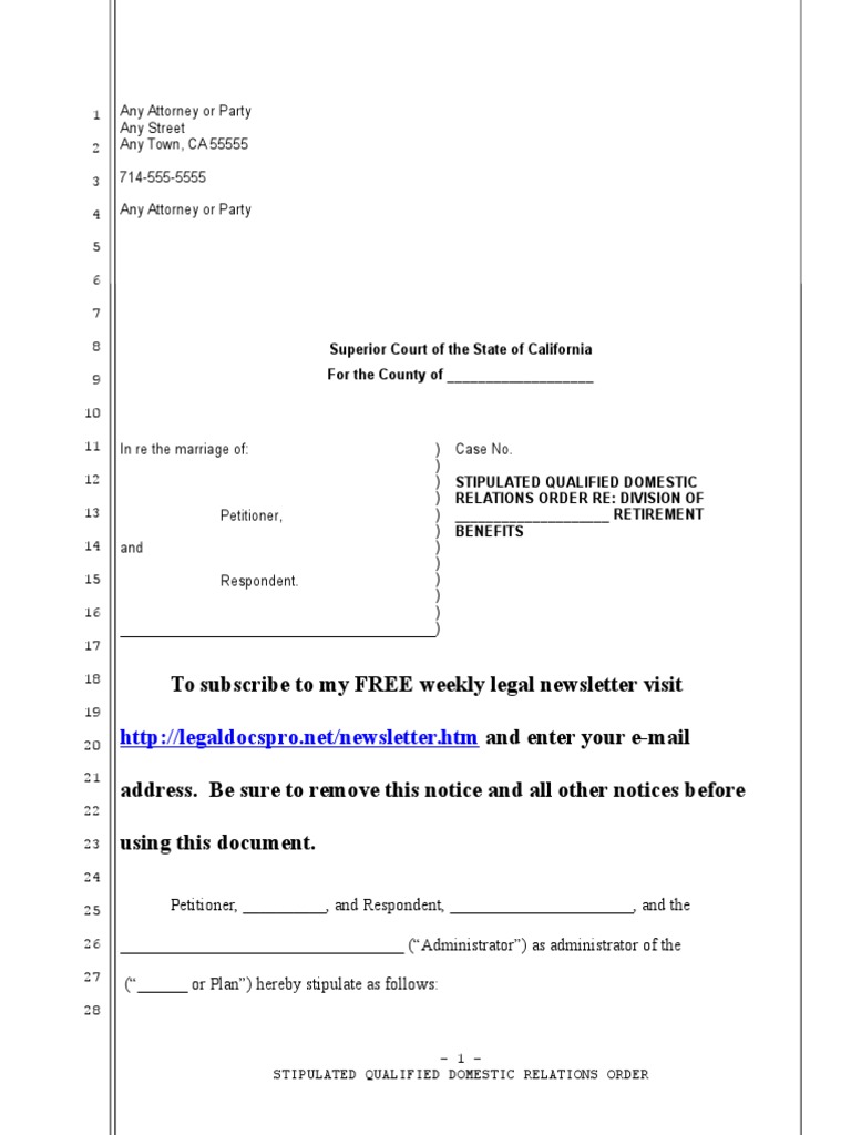 Sample Qualified Domestic Relations Order For California | PDF | Family ...