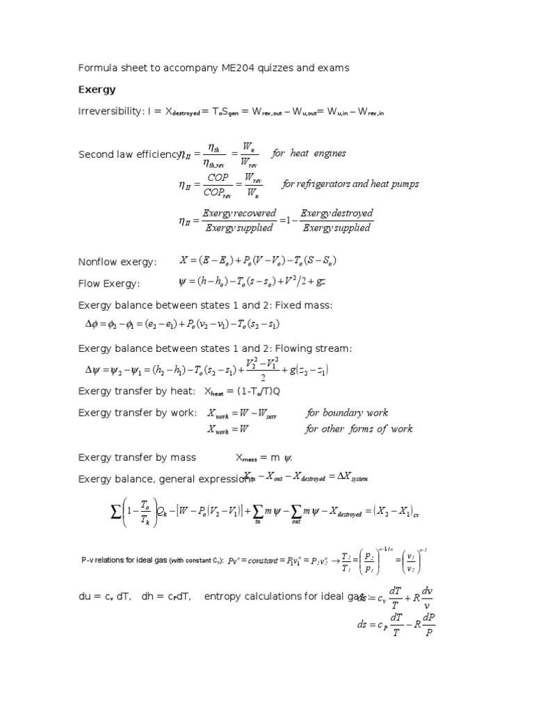 Exergy and Thermodynamics Formula Sheet | PDF | Exergy | Mathematical ...