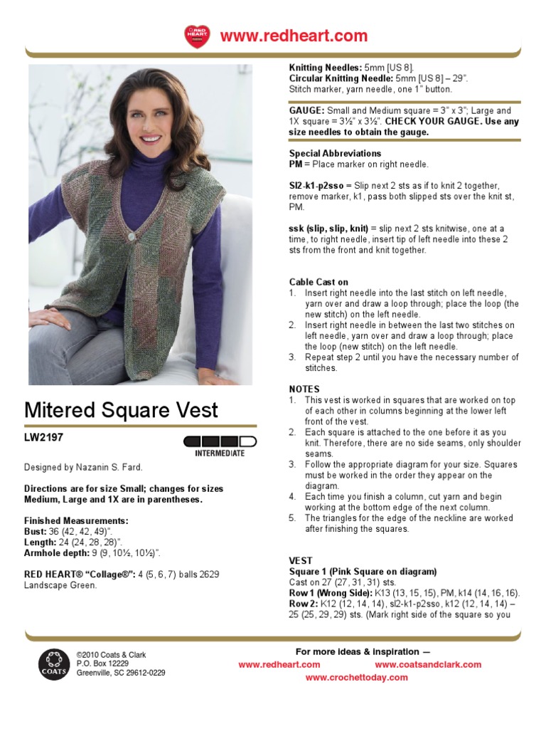 Mitered Square Vest | PDF | Knitting | Gauge (Knitting)