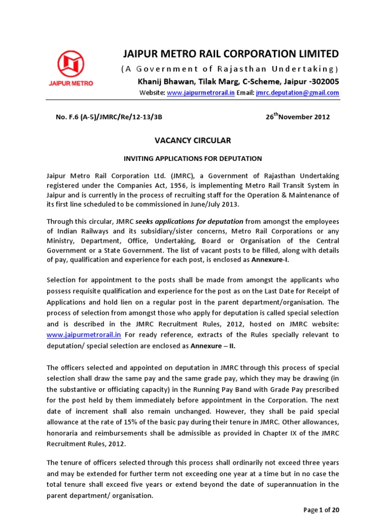 JMRC Vacancy Circular For Deputation | PDF | Board Of Directors | Academic Degree