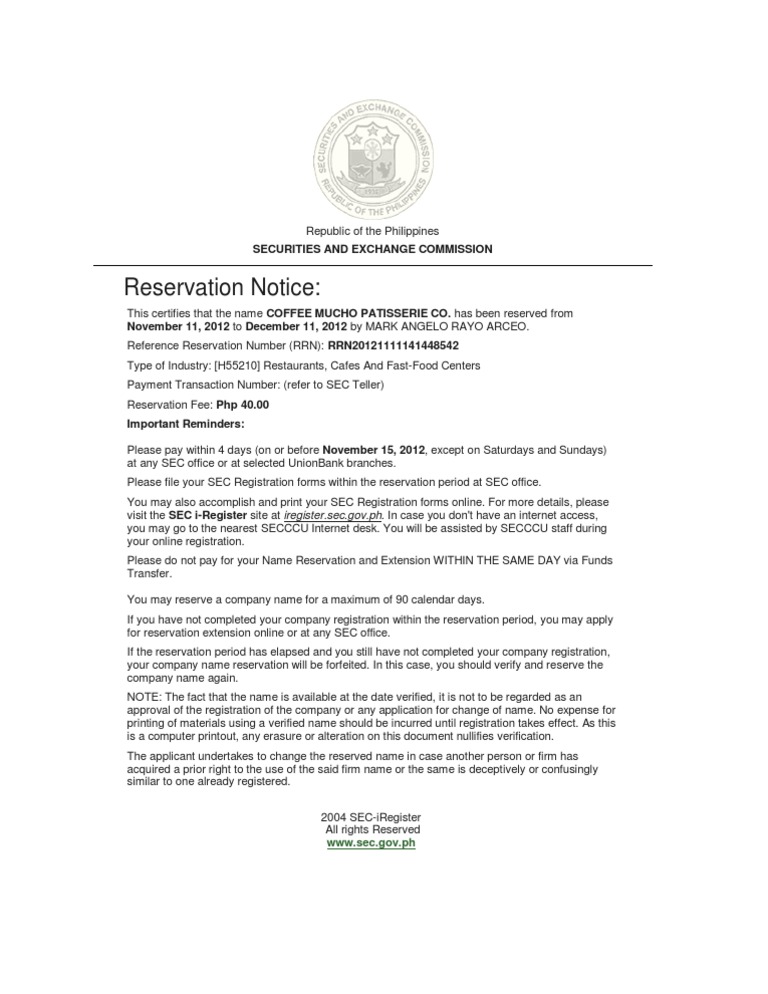 SEC Reservation Notice Example | PDF