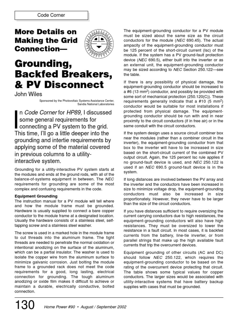 Grounding, Backfeed Breakers & PV Disconnect 2002 | PDF | Power ...
