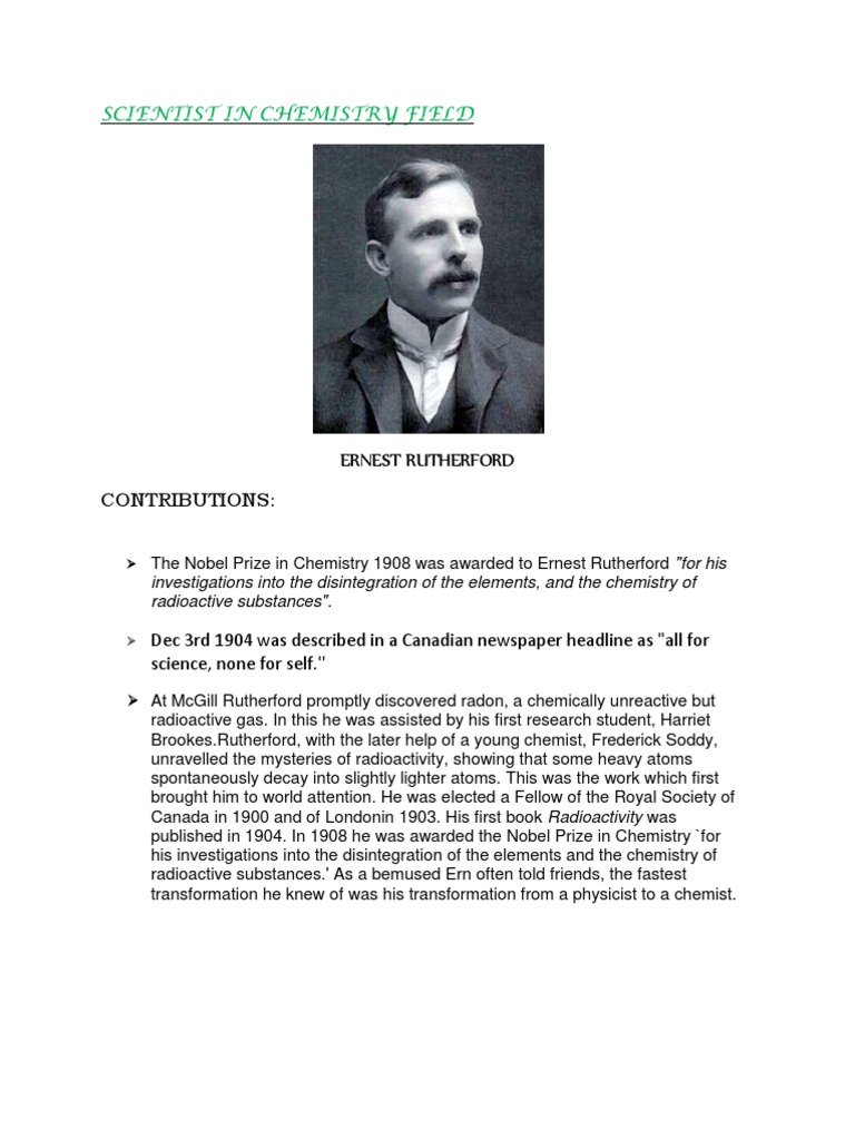 Scientist in Chemistry Field: Ernest Rutherford Contributions | PDF ...