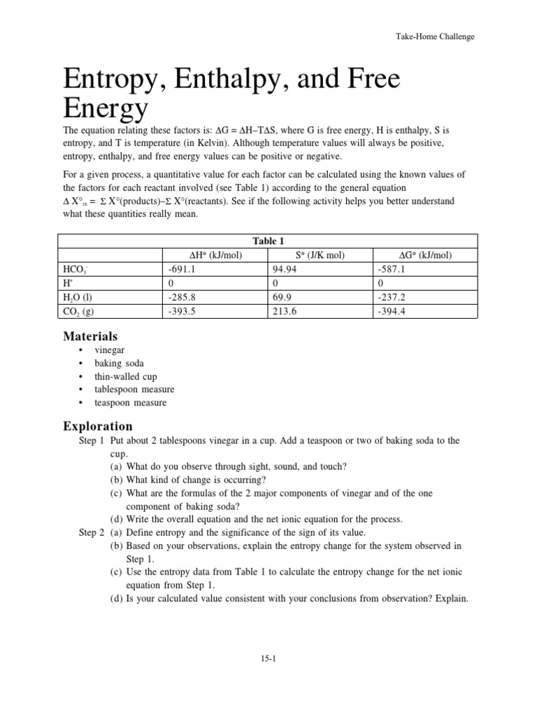 Entropy, Enthalpy, and Free Energy: Materials | PDF | Enthalpy | Gibbs ...