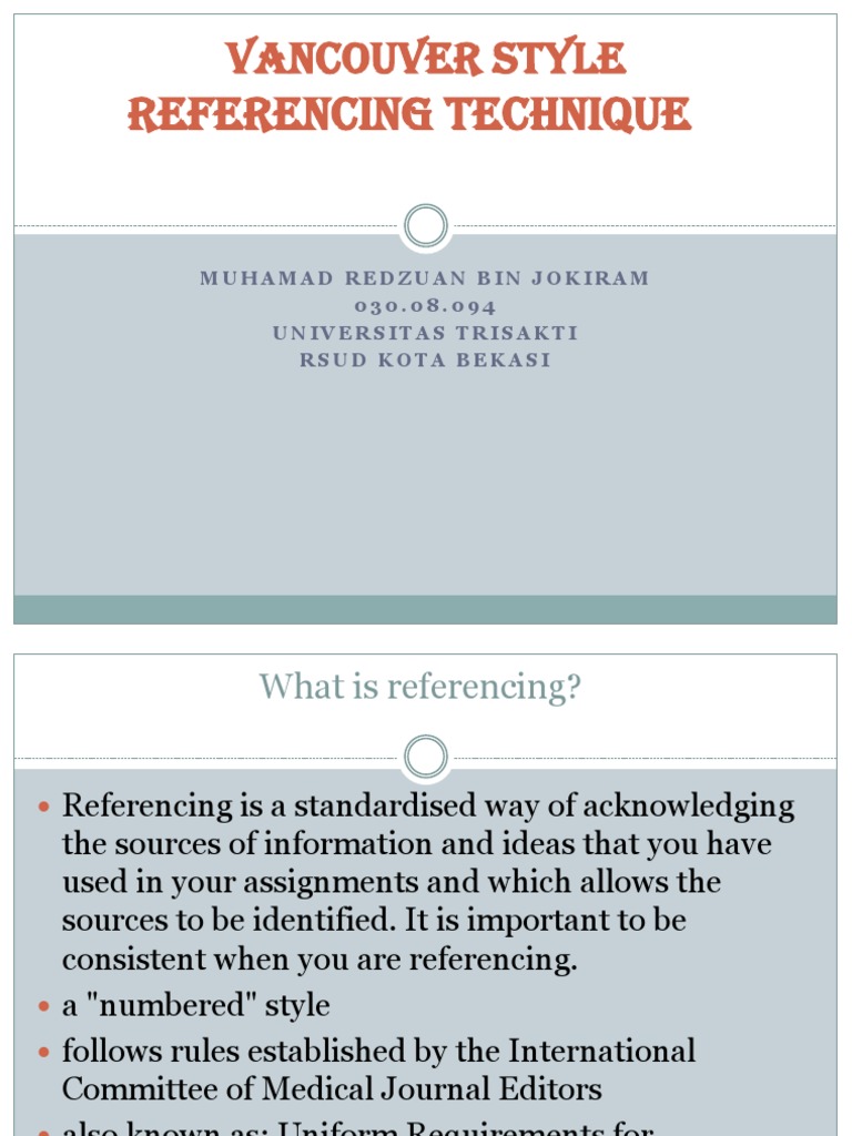Referencing Technique: Vancouver Style | PDF | Citation | Publishing