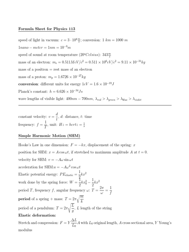 Formula Sheet For Physics | PDF | Waves | Electronvolt