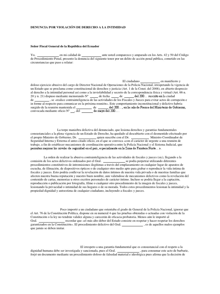 Denuncia Por Violación de Derecho A La Intimidad | PDF | Derecho penal | Violación
