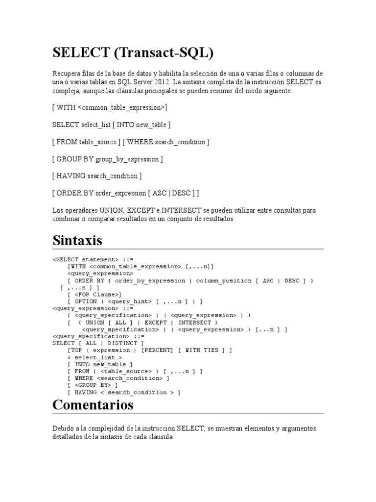 SELECT (Transact-SQL) Sintaxis y Ejemplos | Tabla (base de datos ... SELECT (Transact-SQL) Sintaxis y Ejemplos | Tabla (base de datos ...