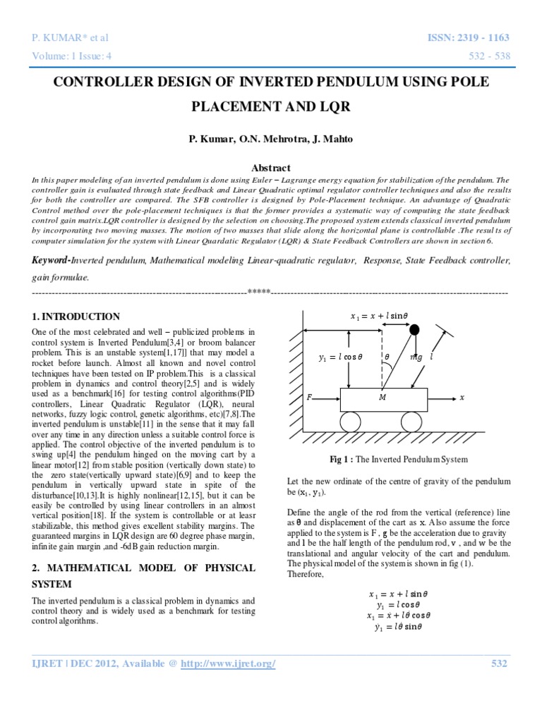 Controller Design Of Inverted Pendulum Using Pole Placement And Lqr