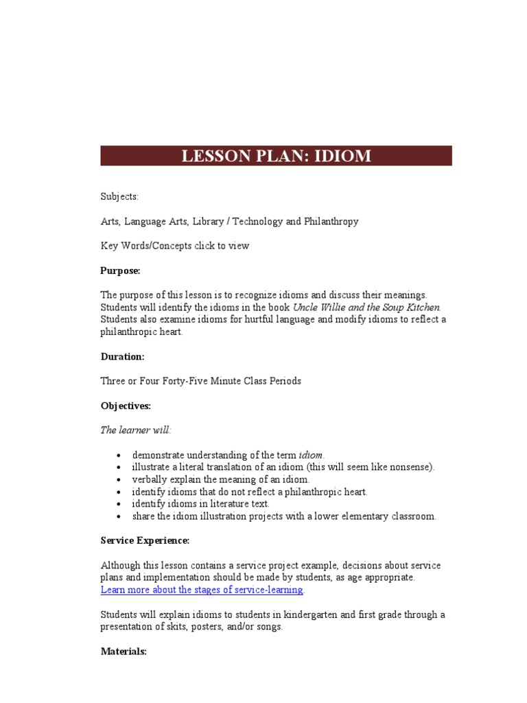 Lesson Plan: Idiom: Purpose | PDF | Idiom | Lesson Plan