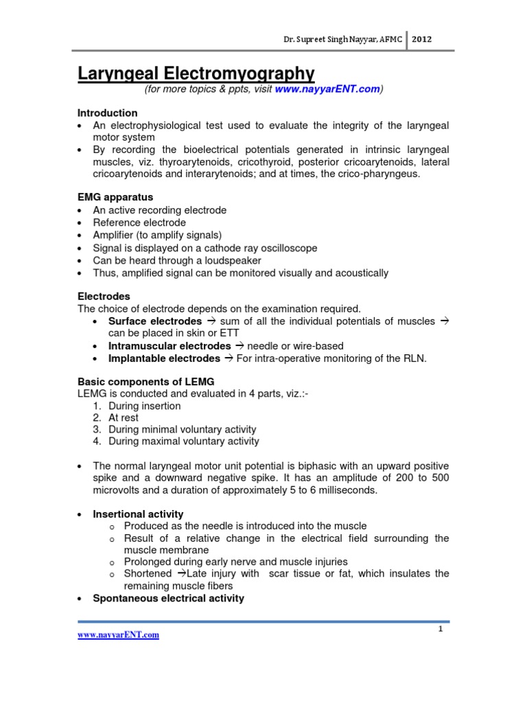 Laryngeal Electromyography Emg Lemg PDF | Electromyography | Larynx