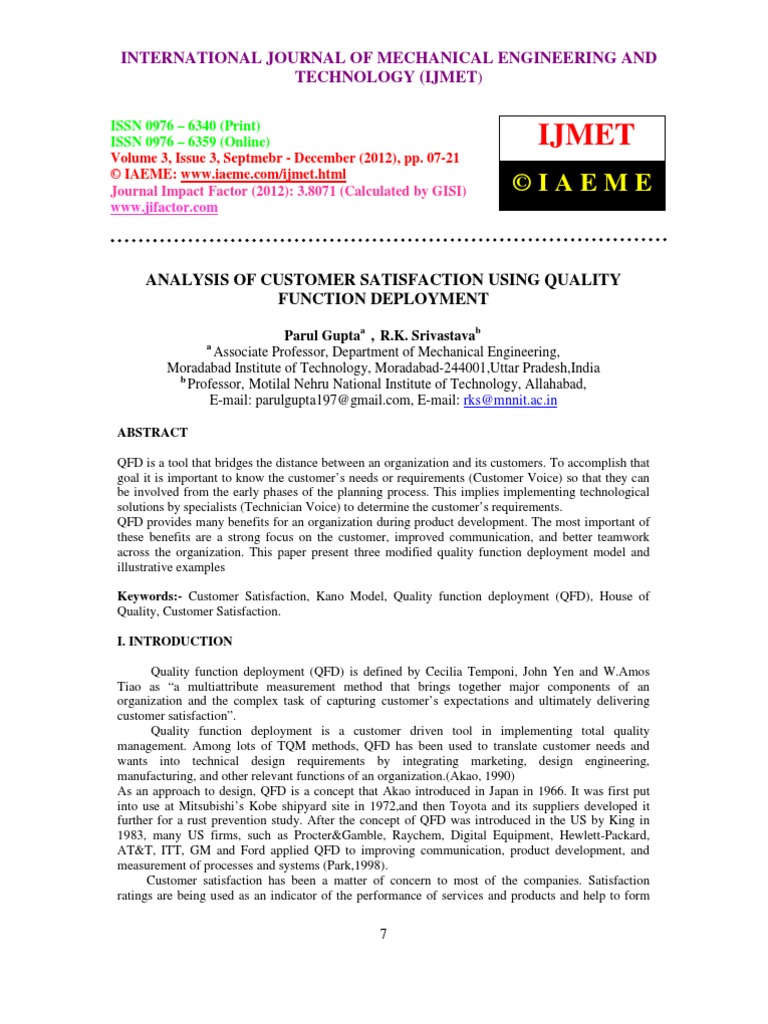 Analysis of Customer Satisfaction Using Quality Function Deployment | PDF