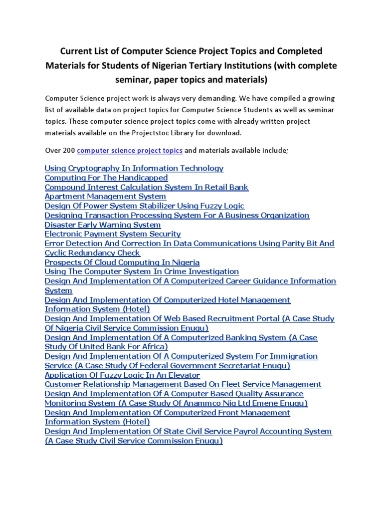 Computer Science Project Topics And Complete Materials