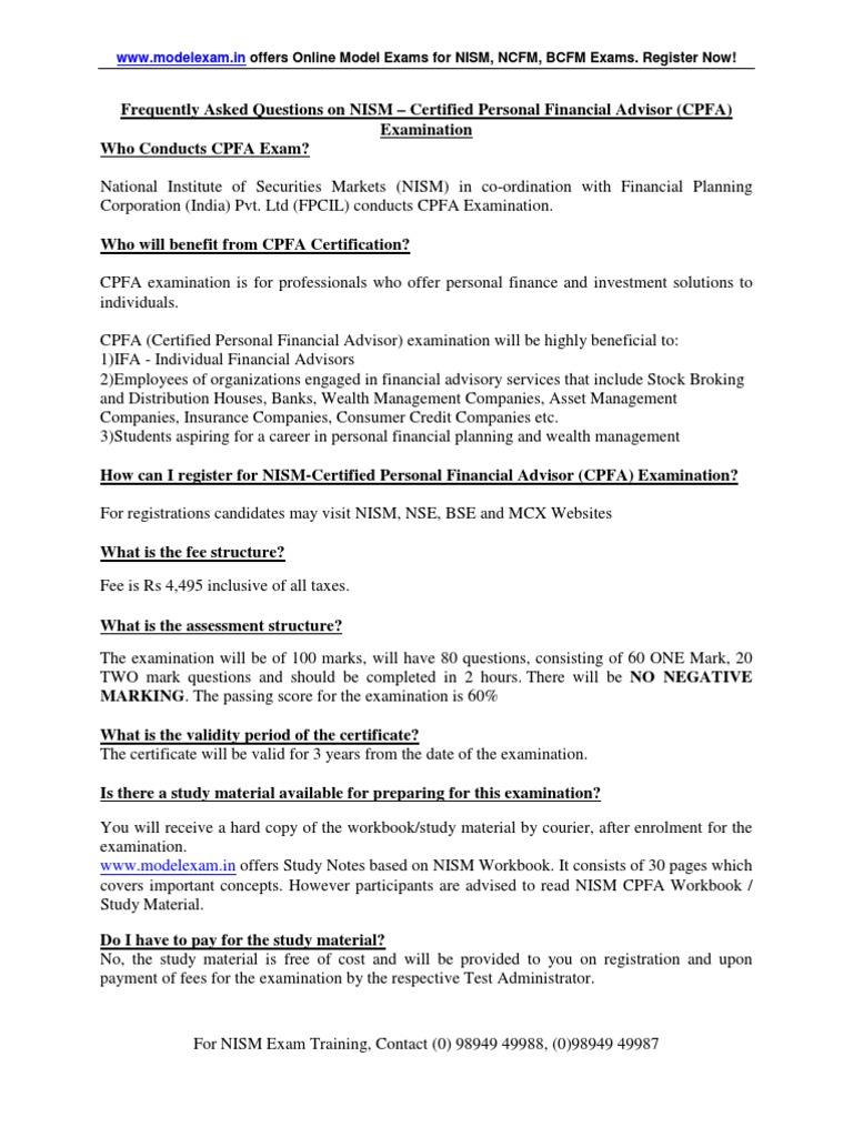 NISM CPFA Exam Guide & Mock Tests | PDF | Financial Adviser | Test ...