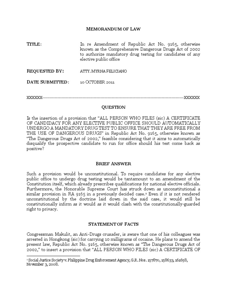 Sample Memorandum of Laws | PDF | Search And Seizure | Fourth Amendment ...