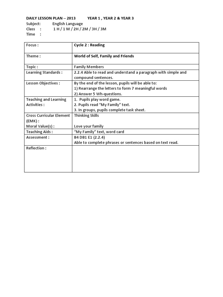 Year 3 English Lesson Plan: Family Theme | PDF | Language Arts & Discipline