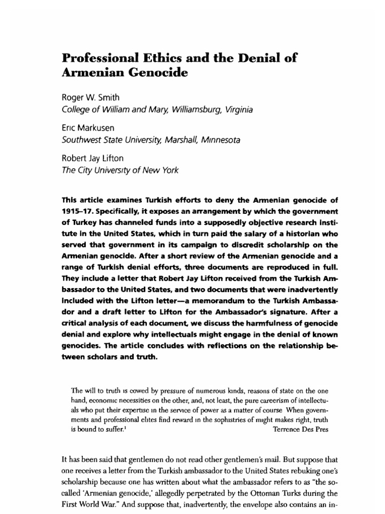 Professional Ethics and The Denial of Armenian Genocide | PDF ...