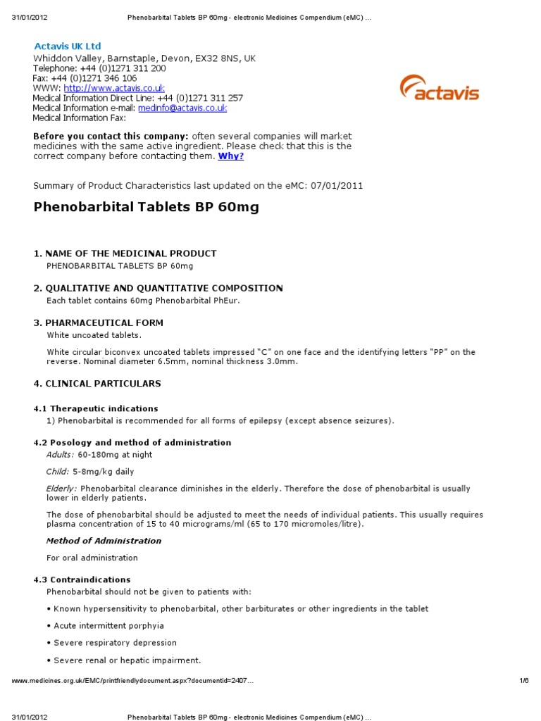 Phenobarbital Tablets BP 60mg - Electronic Medicines Compendium (eMC ...