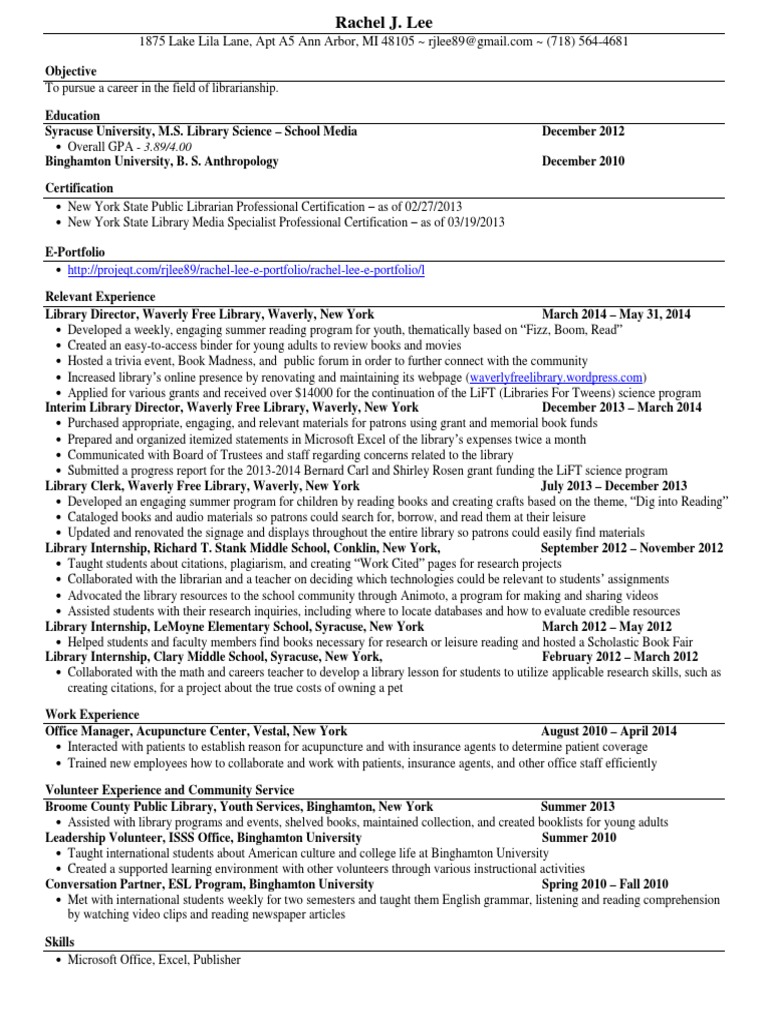 Rachel Lee - Resume | PDF | Libraries | Library Science