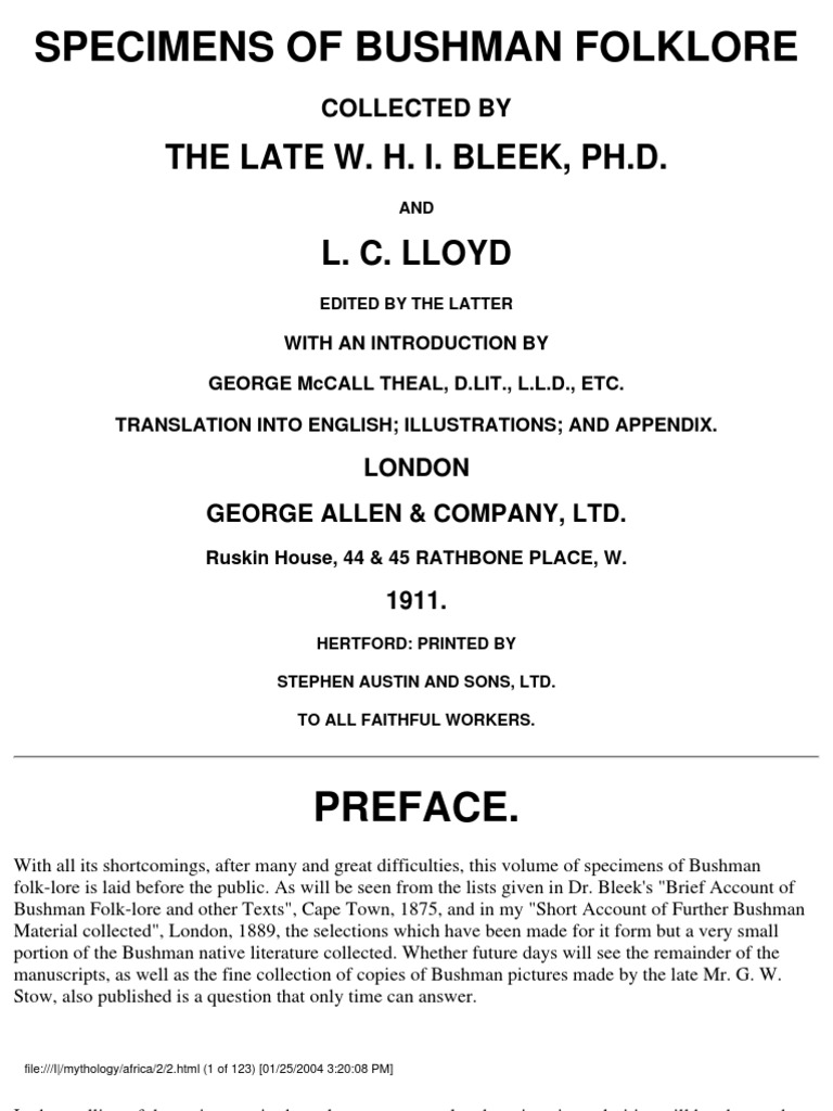 Wilhelm Bleek & Lucy Lloyd (Specimens of Bushman Folklore - 1911) | PDF ...